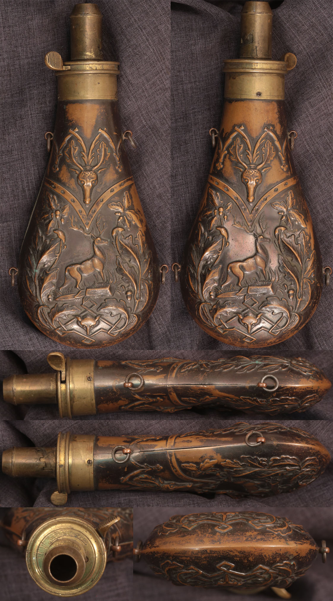 Fancy flask with standing deer, deer head, wolf head, Am Flask & Cap Co ...