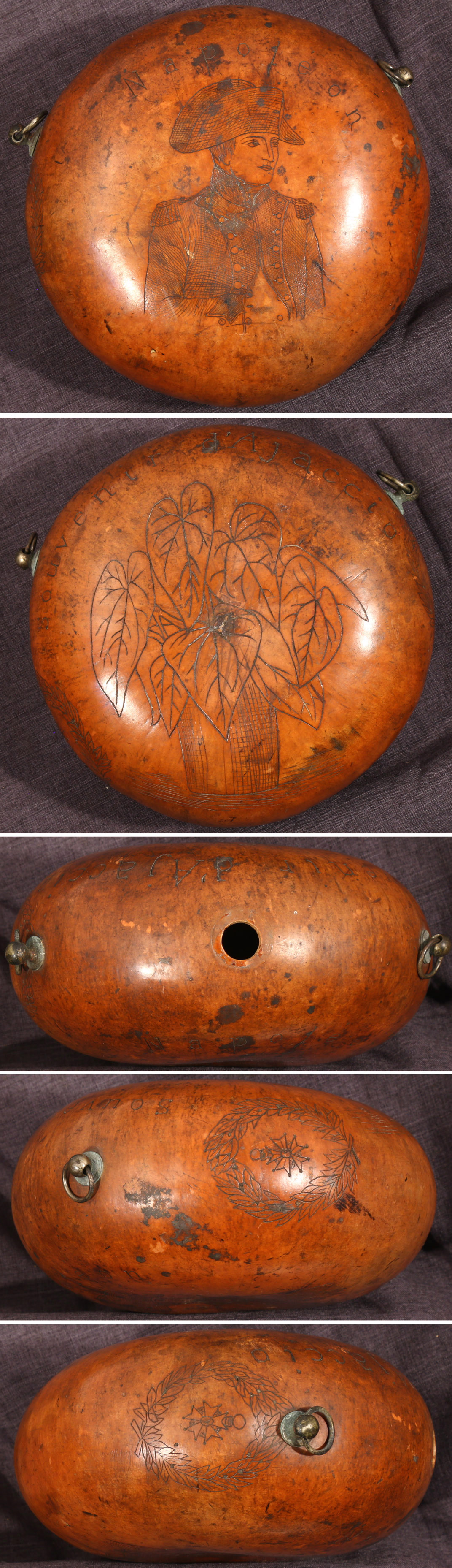 1st Empire French gourd canteen, beautifully engraved with portrait of ...